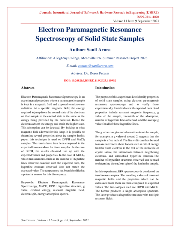 Pdf Electron Paramagnetic Resonance Spectroscopy Of Solid State Samples