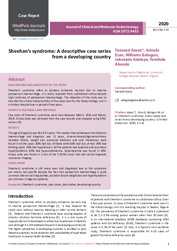 (PDF) Sheehan's syndrome: A descriptive case series from a developing ...