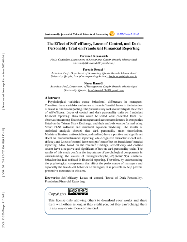 Pdf The Effect Of Self Efficacy Locus Of Control And Dark Personality Trait On Fraudulent