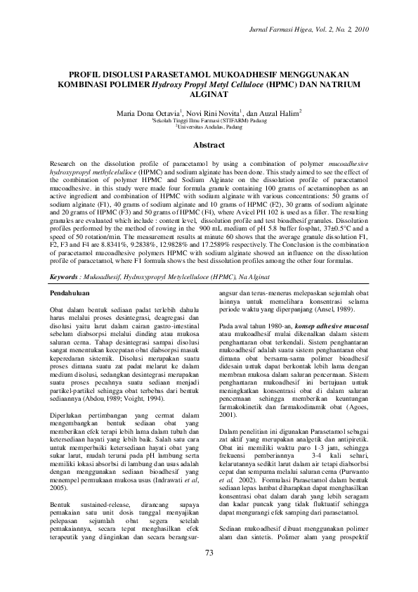 (PDF) Profil Disolusi Parasetamol Mukoadhesif Menggunakan Kombinasi ...
