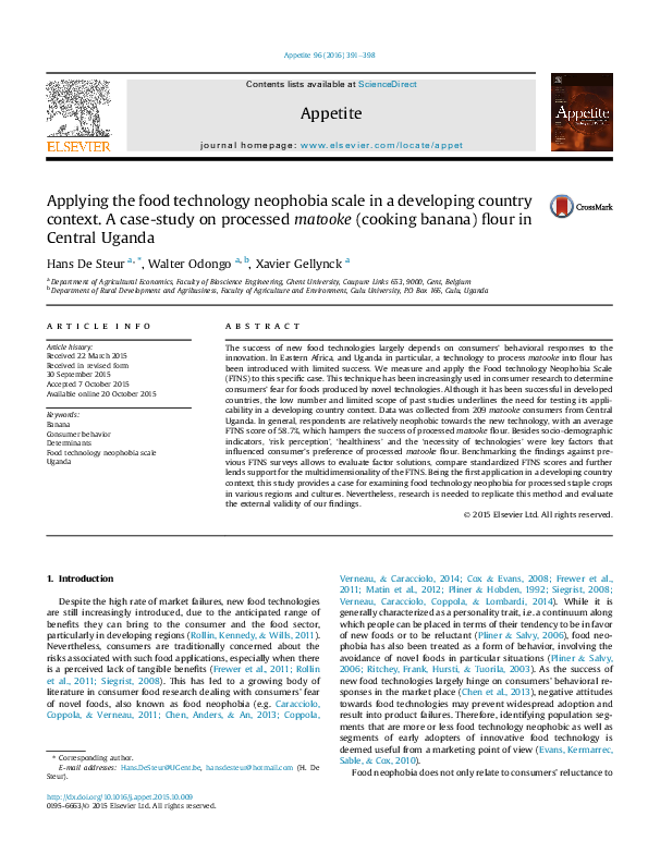 (PDF) Applying the food technology neophobia scale in a developing ...