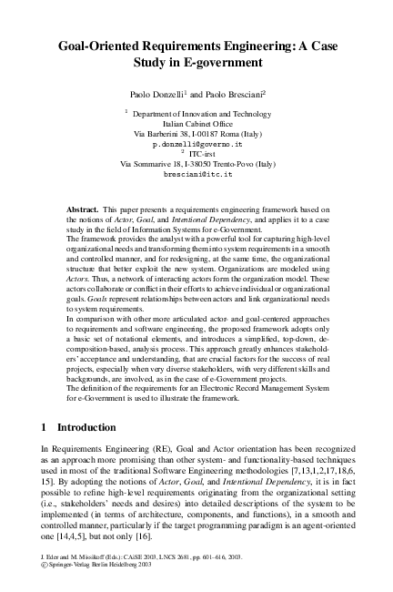 (PDF) Goal-Oriented Requirements Engineering: A Case Study in E-government