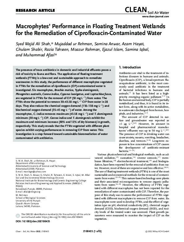 Pdf Macrophytes Performance In Floating Treatment Wetlands For The Remediation Of