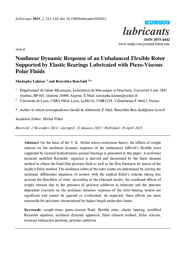 (PDF) Article Nonlinear Dynamic Response of an Unbalanced Flexible Rotor Supported by Elastic ...