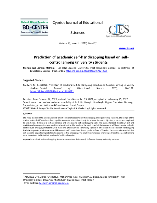 (PDF) Prediction of academic self-handicapping based on self-control ...