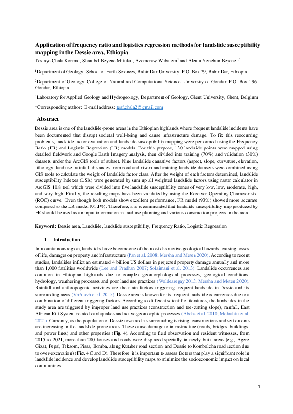(PDF) Application of frequency ratio and logistics regression methods for landslide ...