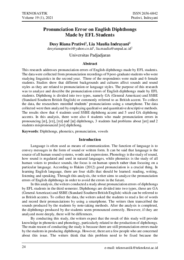 (PDF) Pronunciation Error on English Diphthongs Made by EFL Students
