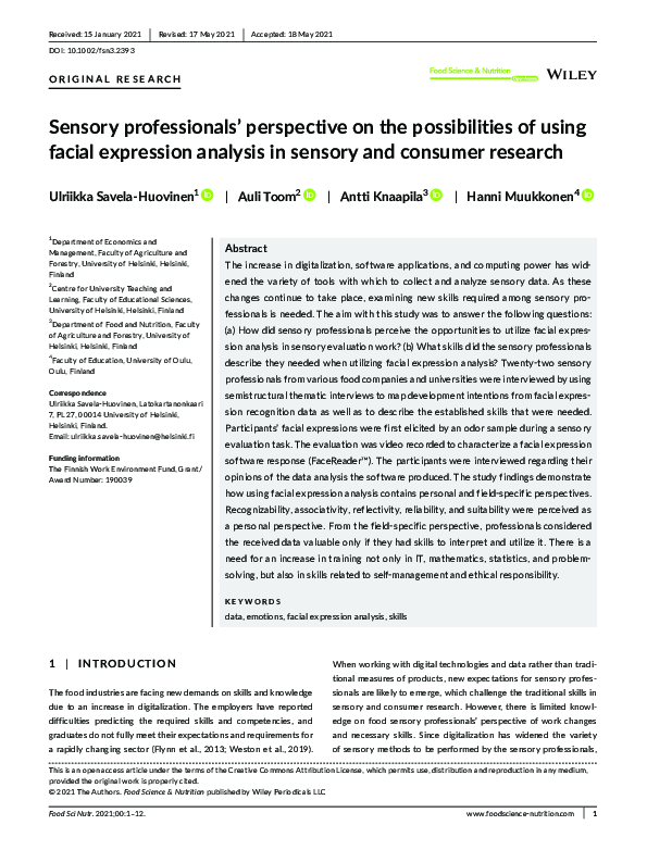(PDF) Sensory professionals’ perspective on the possibilities of using ...