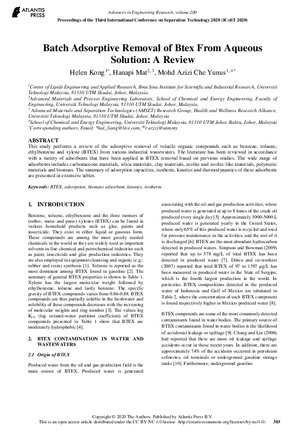 (PDF) Batch Adsorptive Removal of Btex From Aqueous Solution: A Review