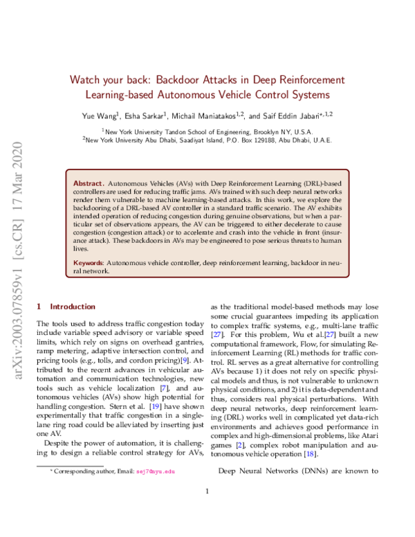 Pdf Watch Your Back Backdoor Attacks In Deep Reinforcement Learning Based Autonomous Vehicle