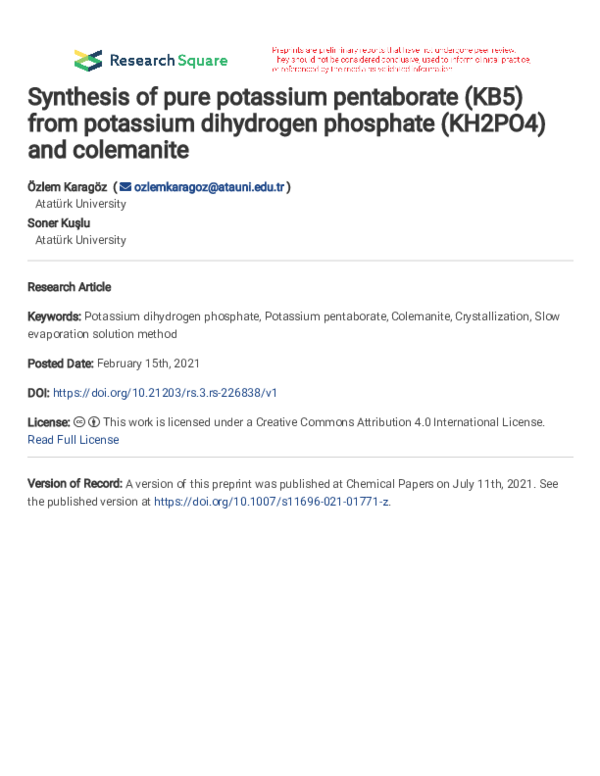 (PDF) Synthesis of pure potassium pentaborate (KB5) from potassium ...