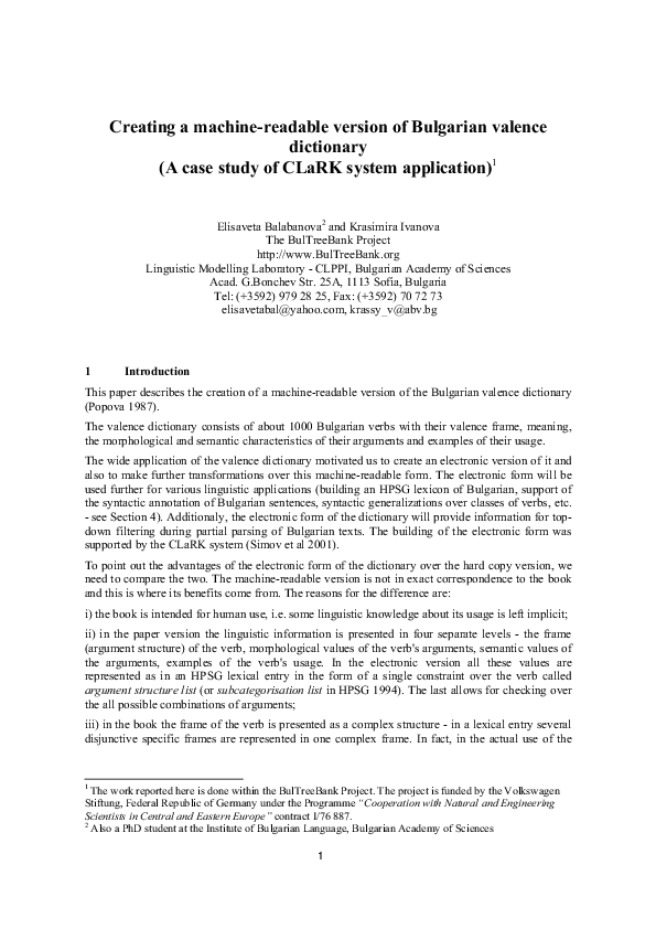 (PDF) Creating a machine-readable version of Bulgarian valence dictionary (A case study of CLaRK ...