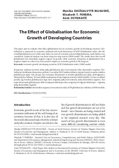 (PDF) The effect of globalisation for economic growth of developing ...
