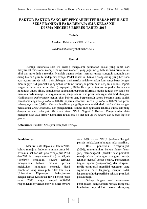 (PDF) Faktor-faktor Yang Berpengaruh Terhadap Perilaku Seks Pranikah Pada Remaja SMA Kelas XII ...