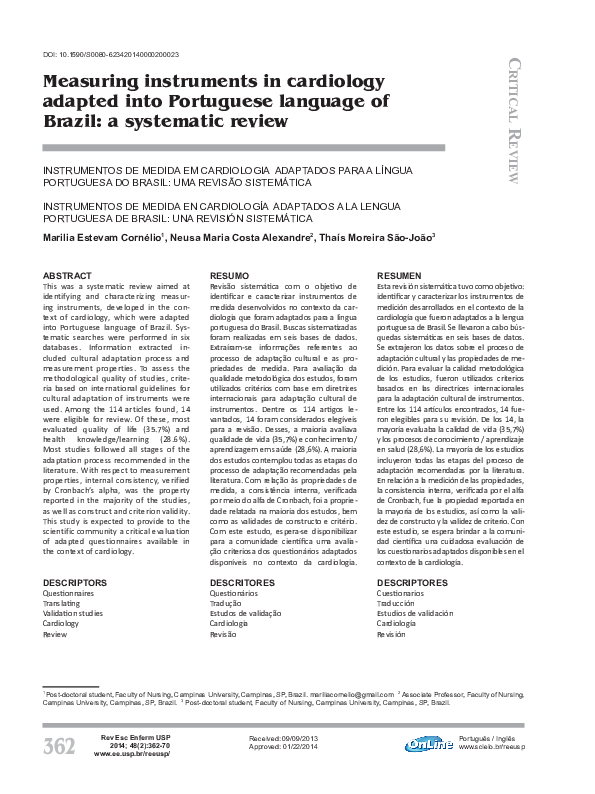 (PDF) Measuring Instruments In Cardiology Adapted Into Portuguese Language Of Brazil: A ...