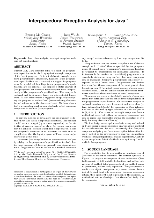 (PDF) Interprocedural exception analysis for Java