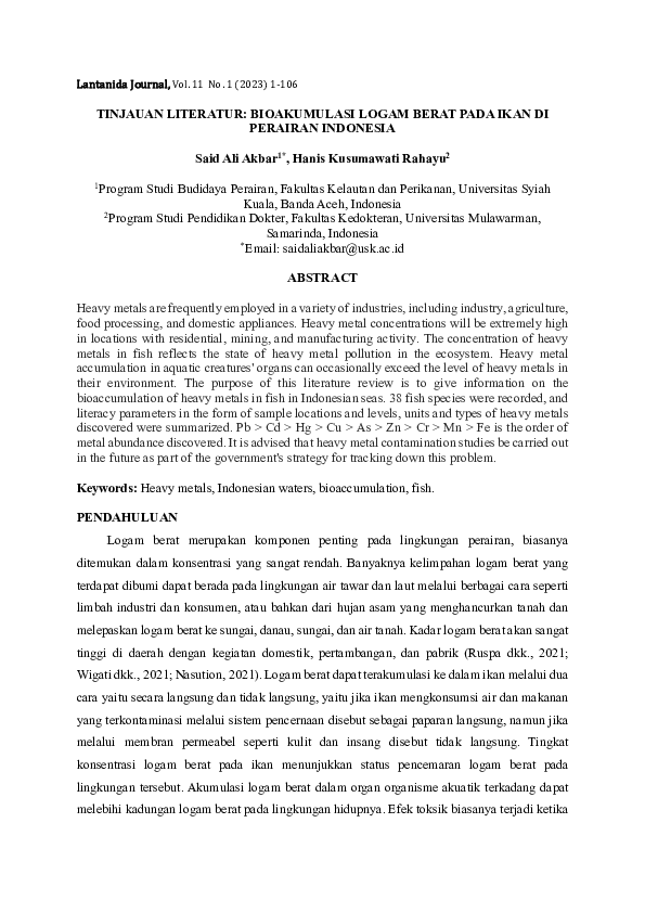 (PDF) Tinjauan Literatur: Bioakumulasi Logam Berat Pada Ikan DI ...