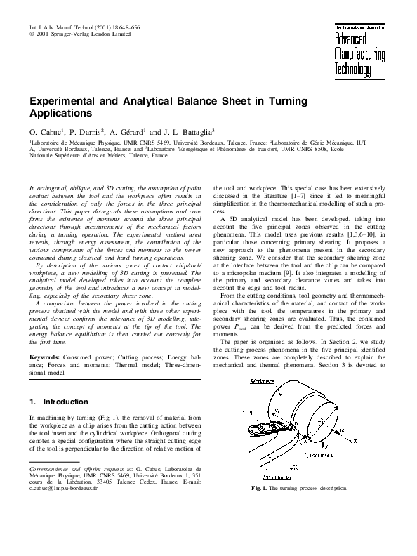 (PDF) Experimental and Analytical Balance Sheet in Turning Applications