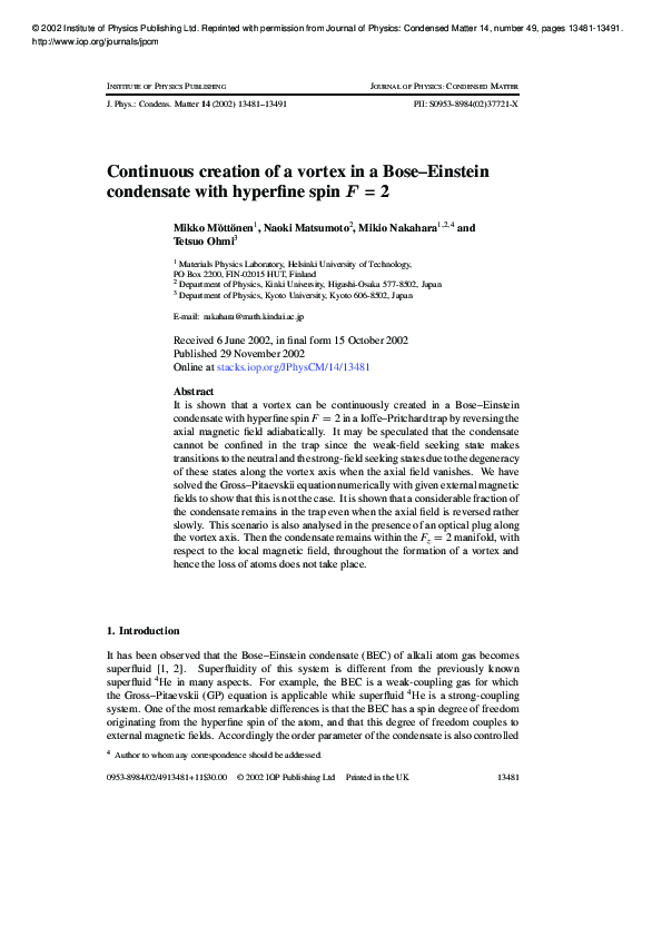 Pdf Continuous Creation Of A Vortex In A Bose Einstein Condensate