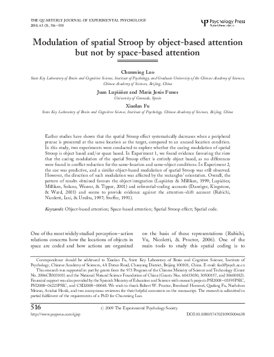 (PDF) Modulation of spatial Stroop by object-based attention but not by space-based attention