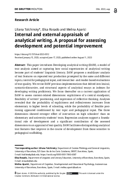 (PDF) Internal and external appraisals of analytical writing. A proposal for assessing ...