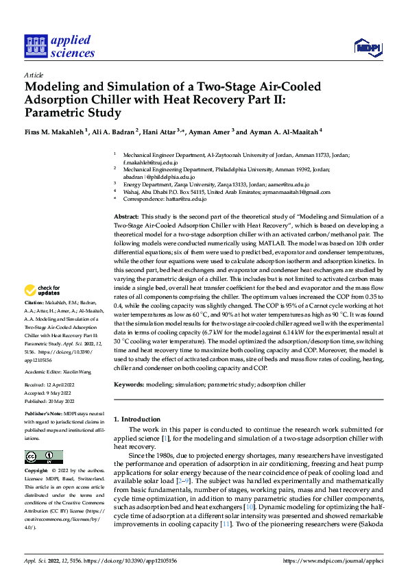 (PDF) Modeling and Simulation of a Two-Stage Air-Cooled Adsorption Chiller with Heat Recovery ...