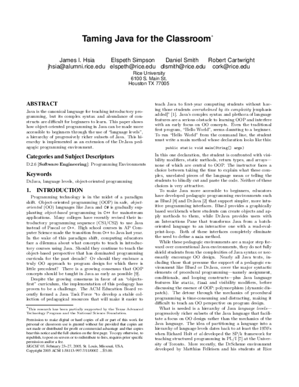 (PDF) Taming Java for the classroom | daniel smith - Academia.edu