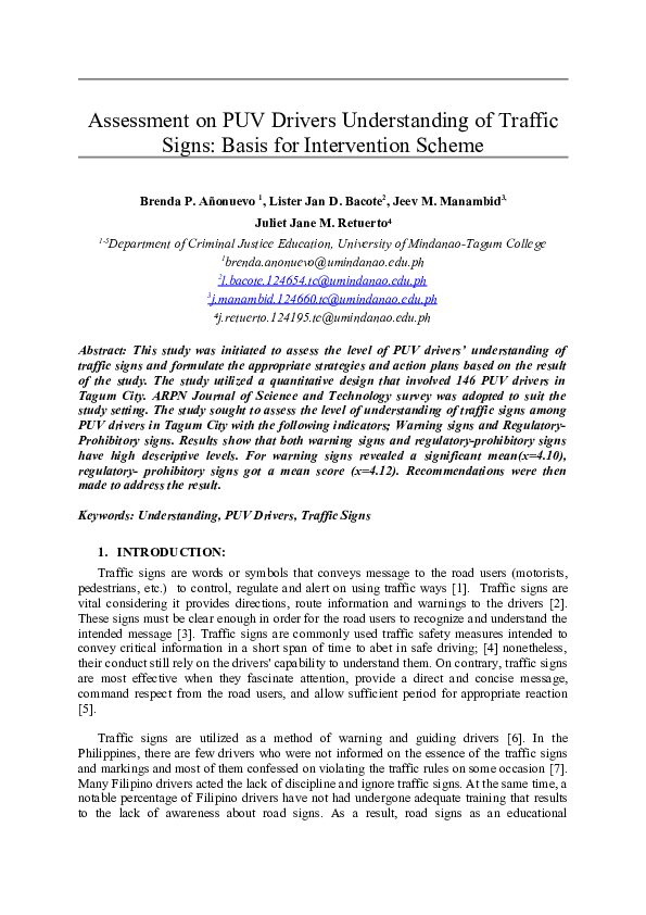 (DOC) Assessment on PUV Drivers Understanding of Traffic Signs: Basis ...