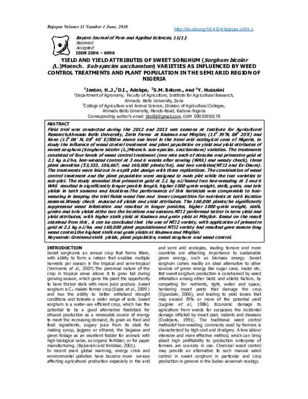 Pdf Yield And Yield Attributes Of Sweet Sorghum Sorghum Bicolor L