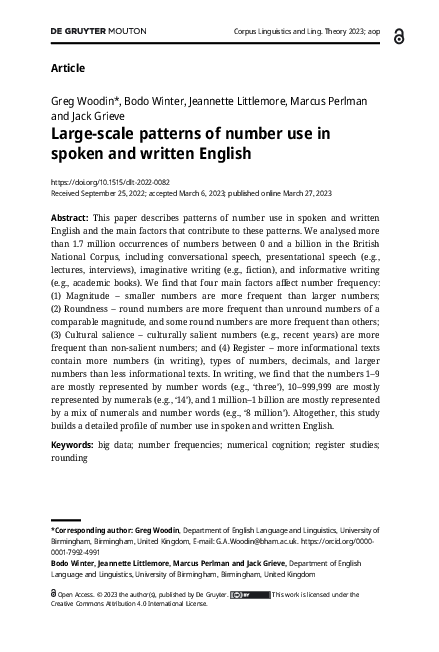 (PDF) Large-scale patterns of number use in spoken and written English | Greg Woodin and Bodo ...