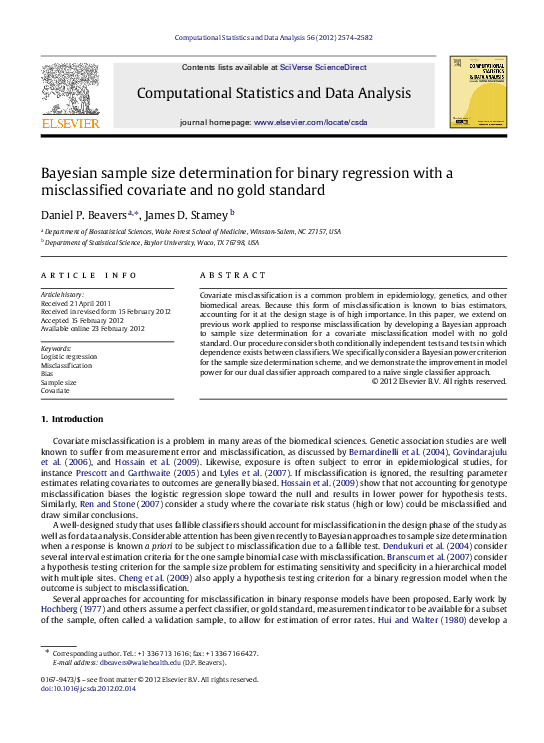 (PDF) Bayesian Sample Size for Misclassified Covariates
