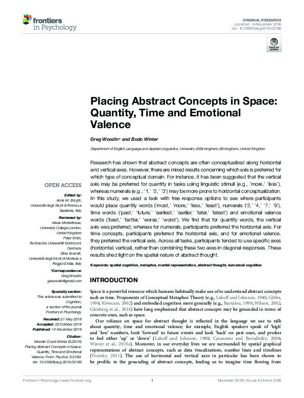 (PDF) Placing Abstract Concepts in Space: Quantity, Time and Emotional ...
