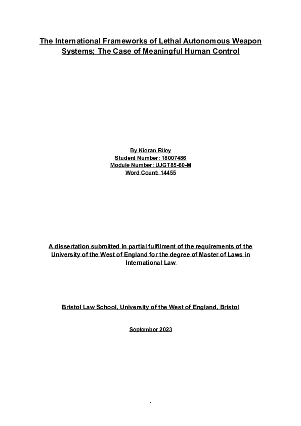 (DOC) The International Frameworks of Lethal Autonomous Weapon Systems; The Case of Meaningful ...
