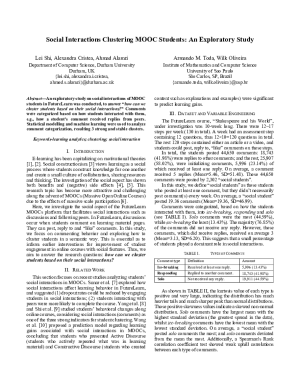 (PDF) Social Interactions Clustering MOOC Students: An Exploratory Study
