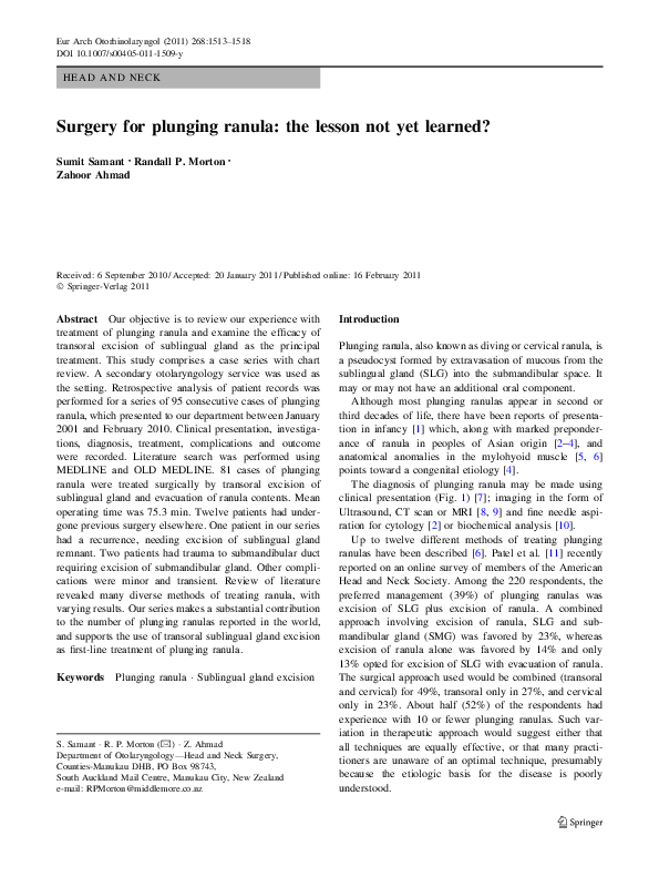 (PDF) Surgery for plunging ranula: the lesson not yet learned? | Zahoor Ahmad - Academia.edu