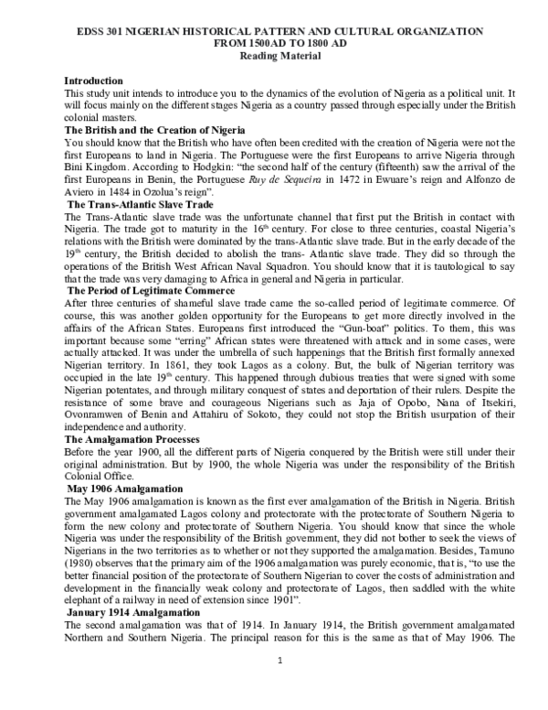 (DOC) EDSS 301 NIGERIAN HISTORICAL PATTERN AND CULTURAL ORGANIZATION ...