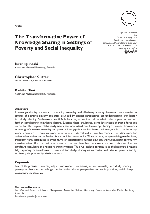 (PDF) The Transformative Power of Knowledge Sharing in Settings of Poverty and Social Inequality