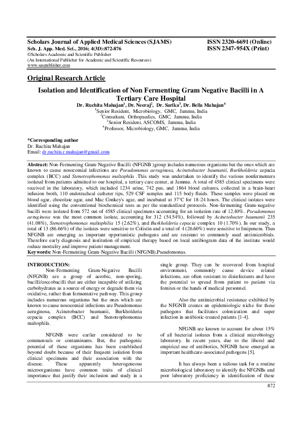 (PDF) Isolation and Identification of Non Fermenting Gram Negative ...