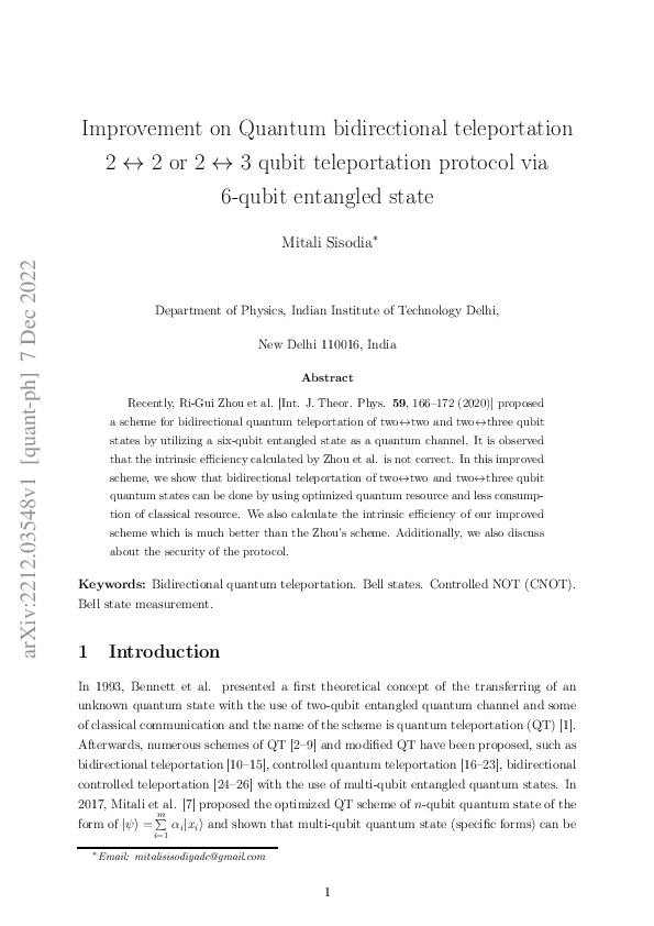 (PDF) Improvement on Quantum bidirectional teleportation 2-2 or 2-3 qubit teleportation protocol ...