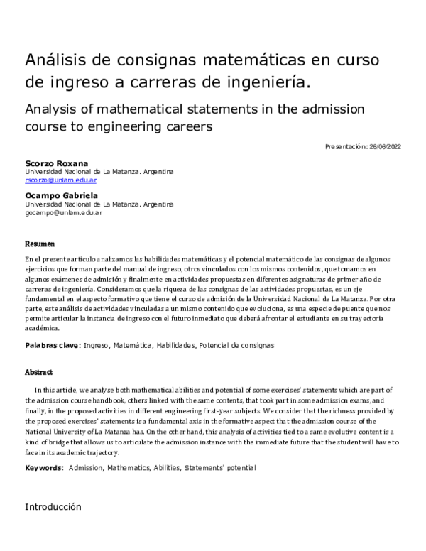 (PDF) Análisis de consignas matemáticas en curso de ingreso a carreras de ingeniería