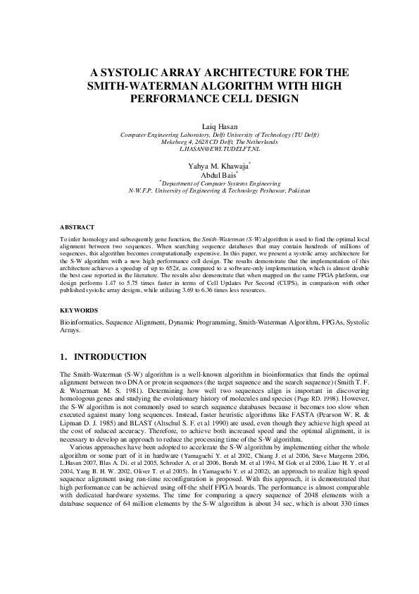 Pdf A Systolic Array Architecture For The Smith Waterman Algorithm With High Performance Cell 