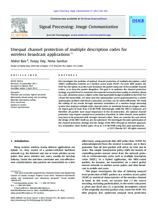 (PDF) Unequal channel protection of multiple description codes for wireless broadcast applications