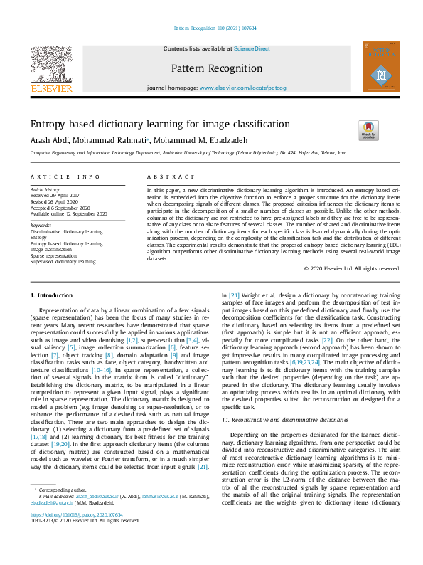 (PDF) Entropy based dictionary learning for image classification