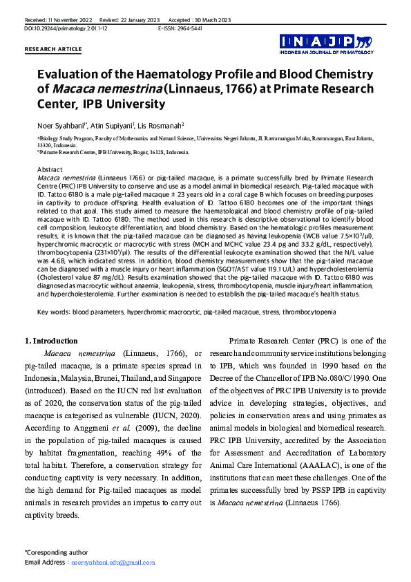 (PDF) Evaluation Of The Haematology Profile And Blood Chemistry Of ...