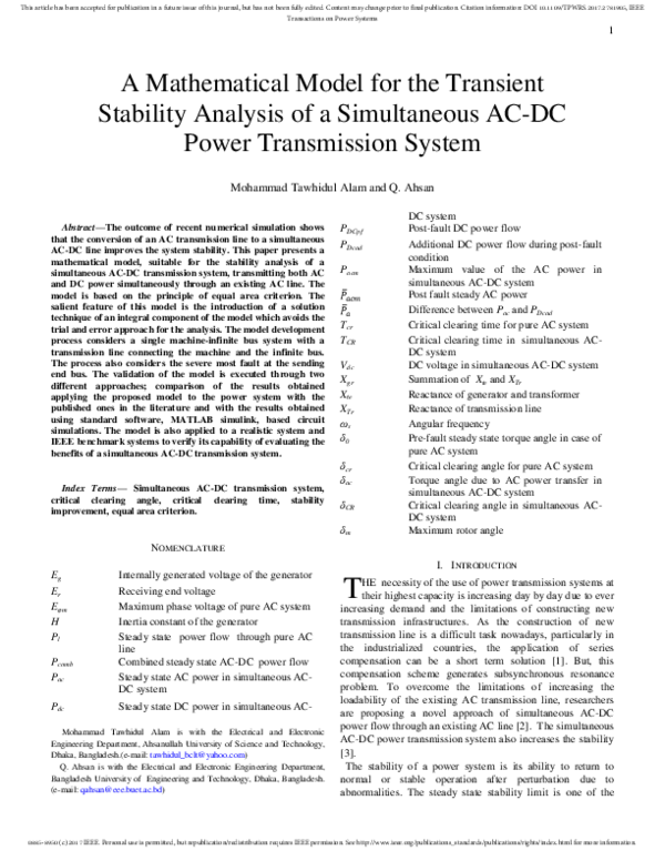 (PDF) A Mathematical Model for the Transient Stability Analysis of a Simultaneous AC–DC Power ...