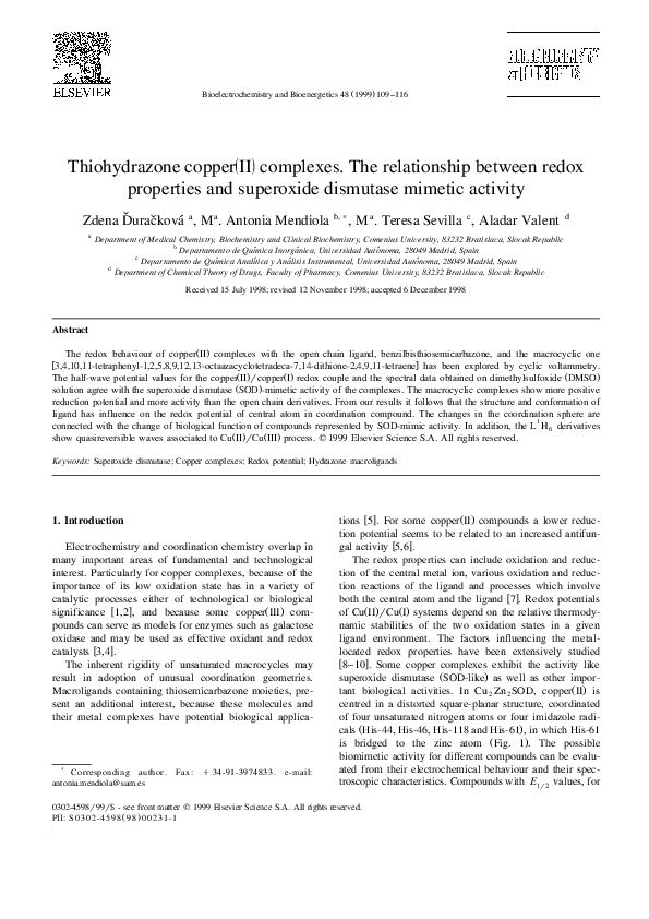 (PDF) Thiohydrazone copper(II) complexes. The relationship between redox properties and ...
