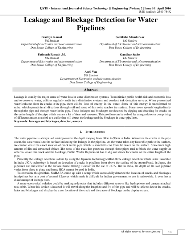 (PDF) Leakage and Blockage Detection for Water Pipelines