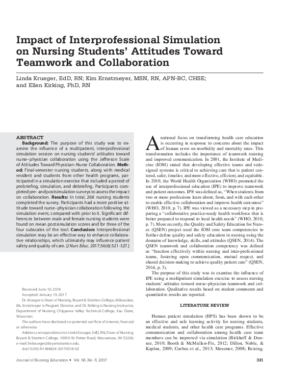 (PDF) Impact of Interprofessional Simulation on Nursing Students' Attitudes Toward Teamwork and ...