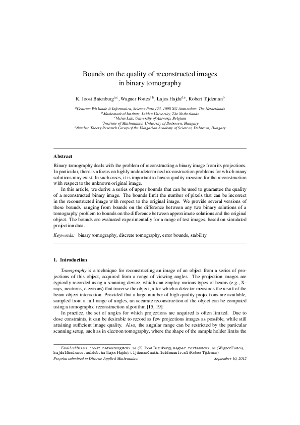 (PDF) Bounds on the quality of reconstructed images in binary tomography