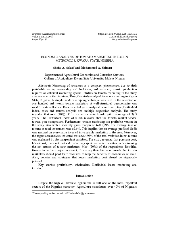 (PDF) Economic analysis of tomato marketing in Ilorin metropolis, Kwara ... (PDF) Economic analysis of tomato marketing in Ilorin metropolis, Kwara ...